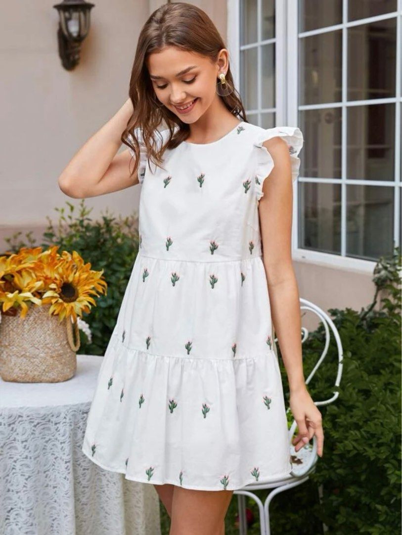 Ruffle floral embroidery dress, Women's Fashion, Dresses & Sets, Dresses on Carousell