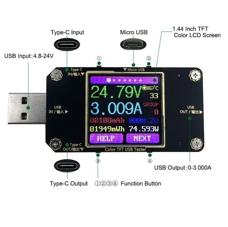 USB tester Color Bluetooth Type-C Digital voltmeter dc voltage current ...