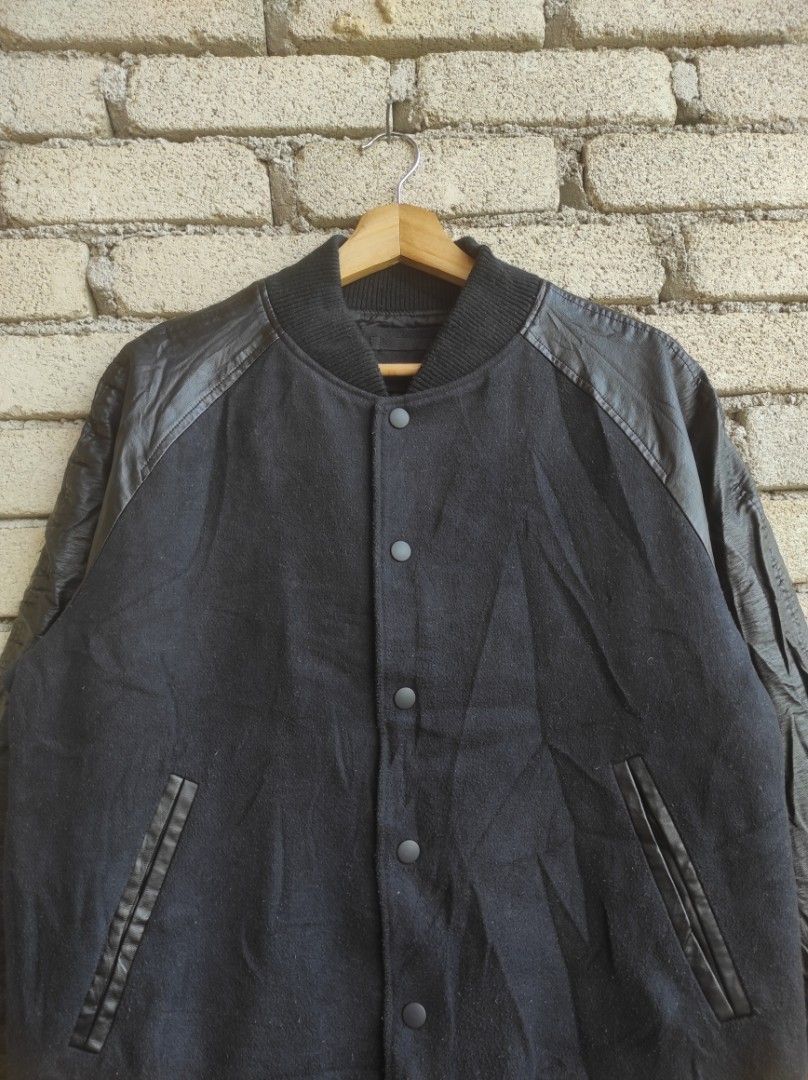 ut uniqlo plain wool varsity jacket sweater lengan sleeve leather kulit ...