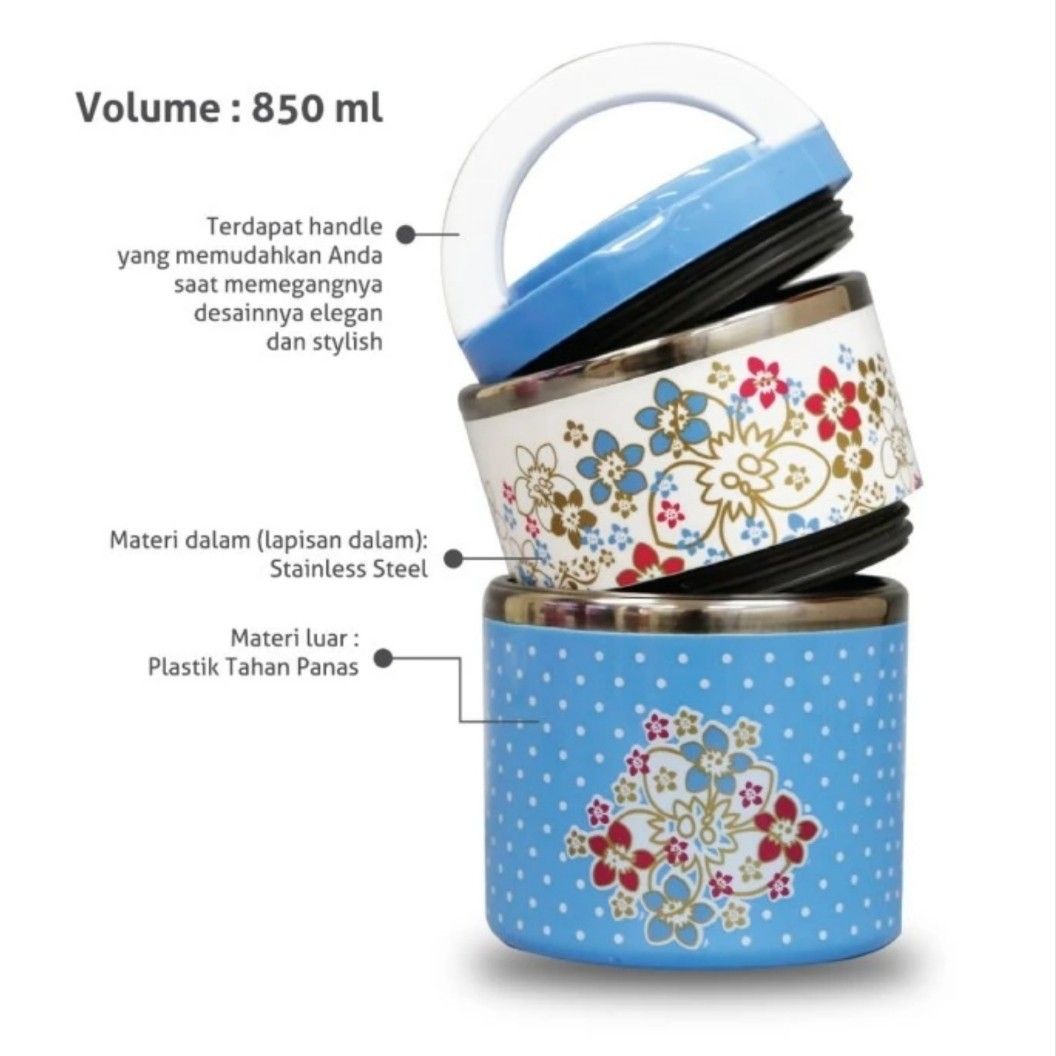 ORI Vicenza lunch box 2 susun VLB112 Biru Motif Poppy Stainless steel ...