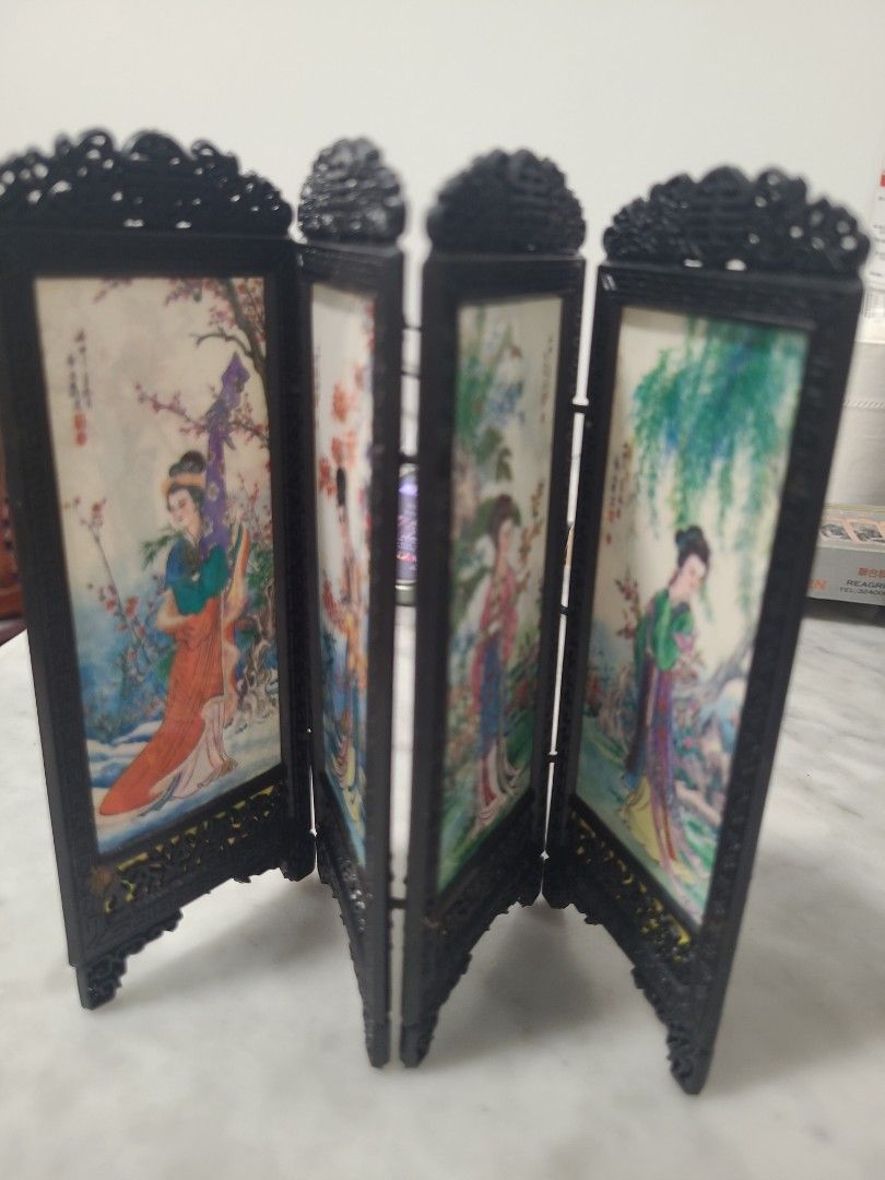 Vintage Hand Painted Oriental Folding Table Top Screen Divider 6 ...