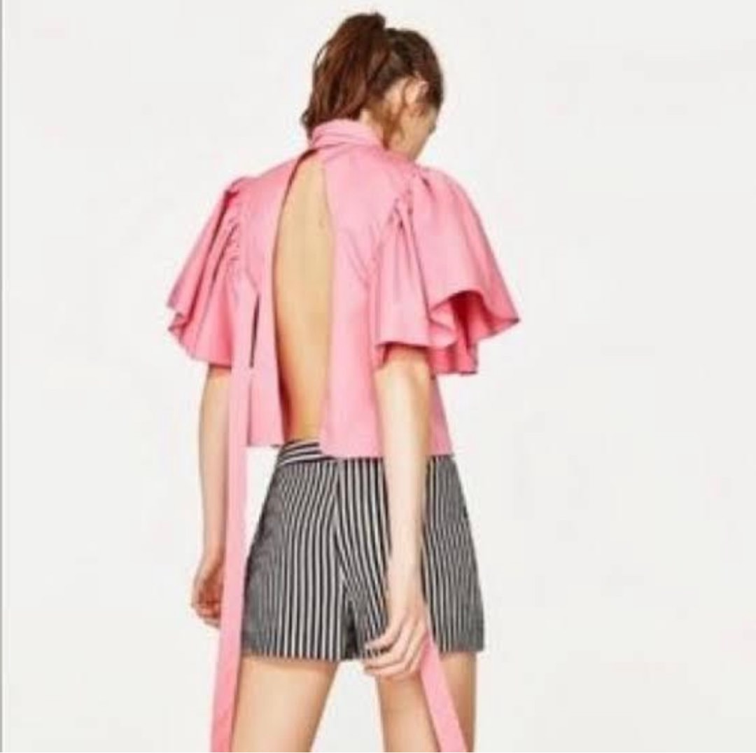 ZARA Ruffle Open Back Ribbon Top in Pink, Women's Fashion, Tops ...