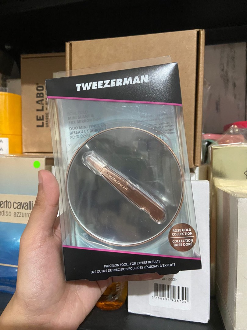 AUTHENTIC Tweezerman Rose Gold Mini Slant Tweezer & Mirror on Carousell