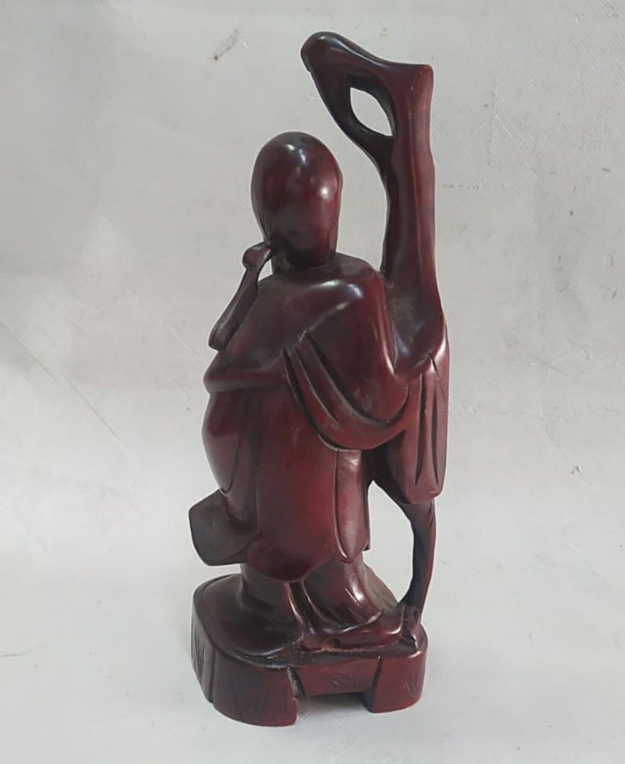 Chinese Wood Hand Carved Old Wise Man With Cane Cane Fruit Statue ...