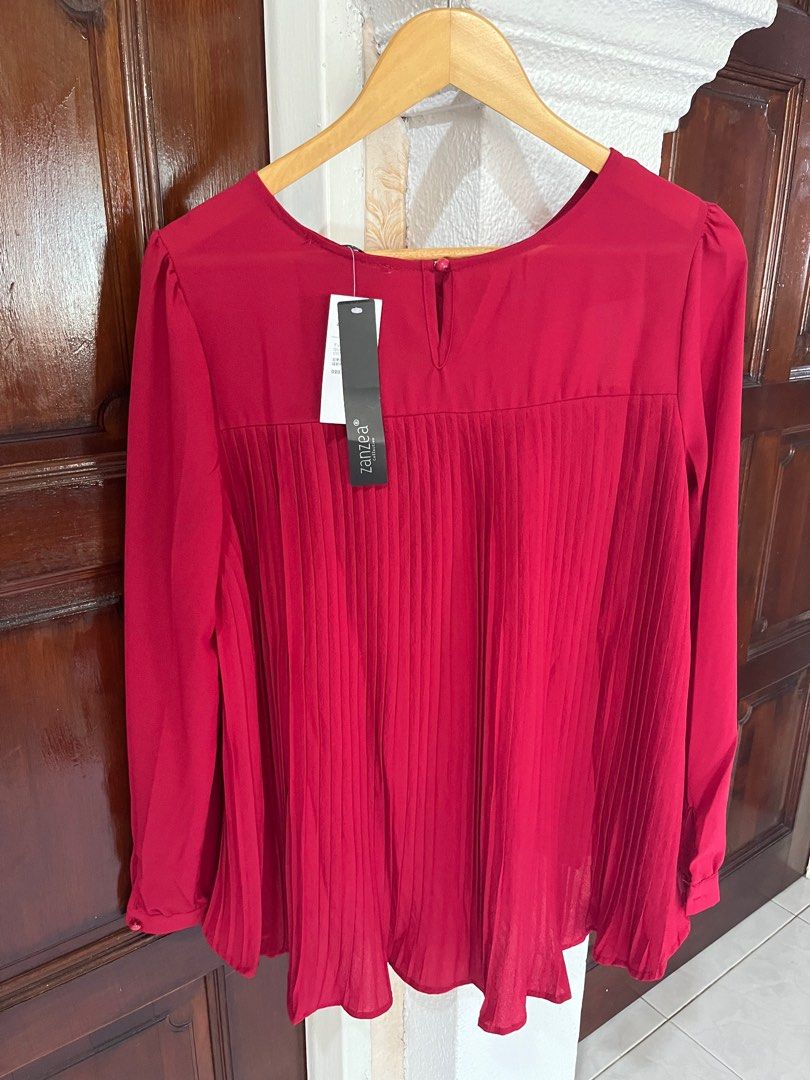 Elegant Red Long Sleeve Blouse, Women's Fashion, Tops, Blouses on Carousell