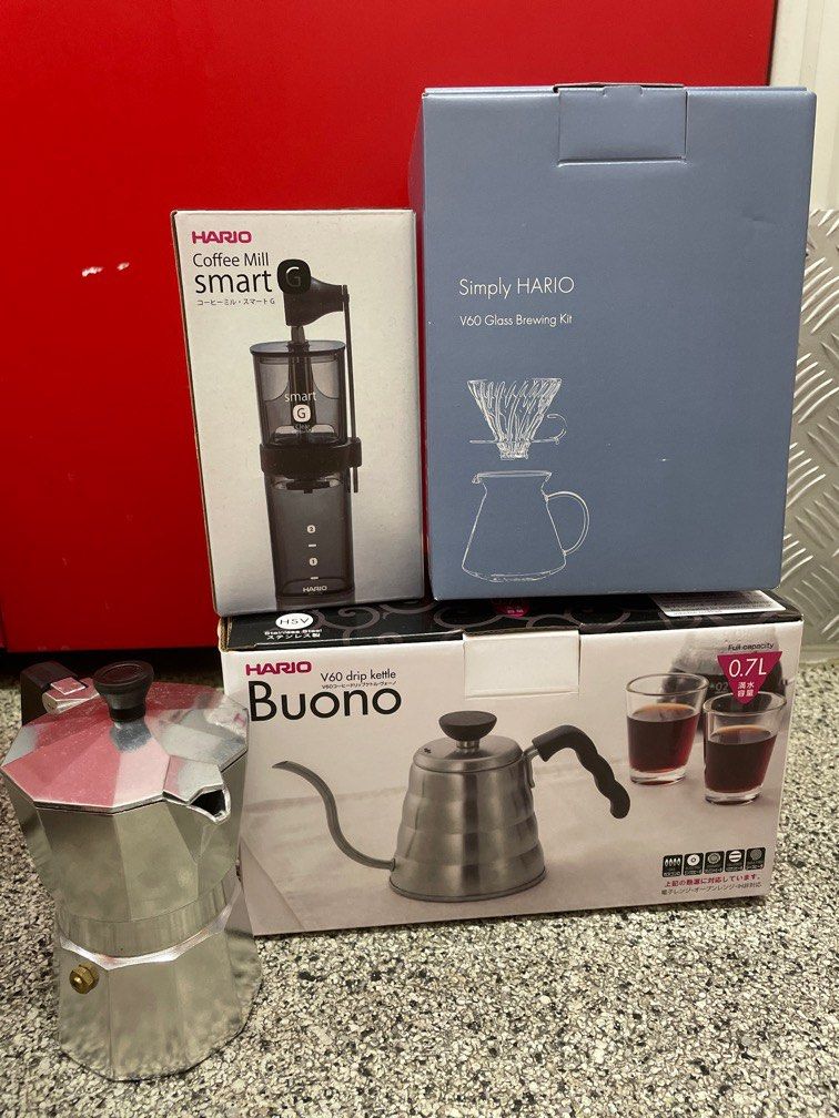 Hario coffee V60 Glass brewing Kit set with coffee mill and drip kettle ...