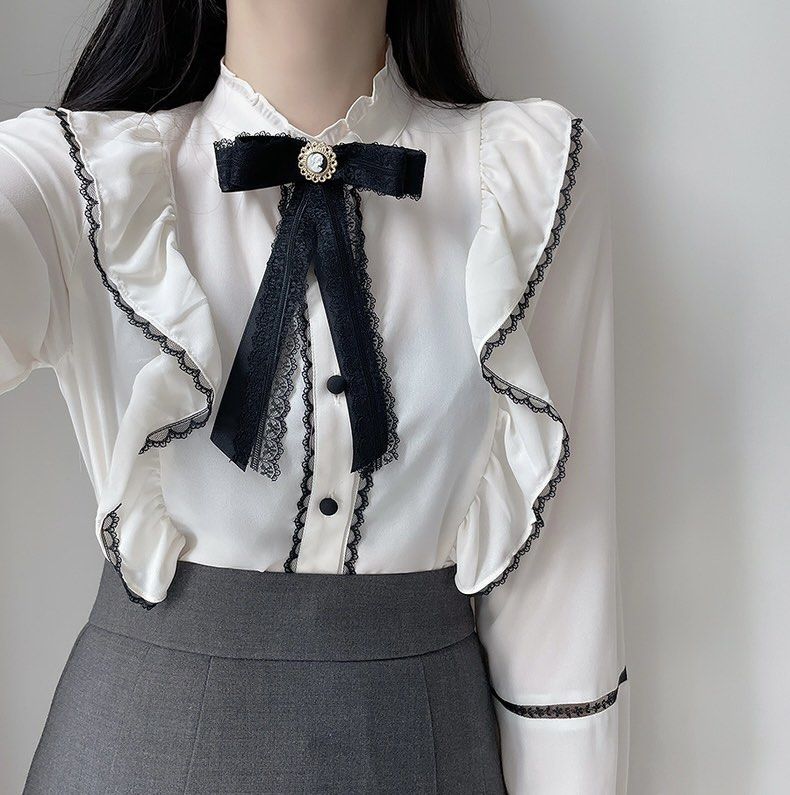 jirai kei ryousangata lolita japanese white blouse with lace frills ...
