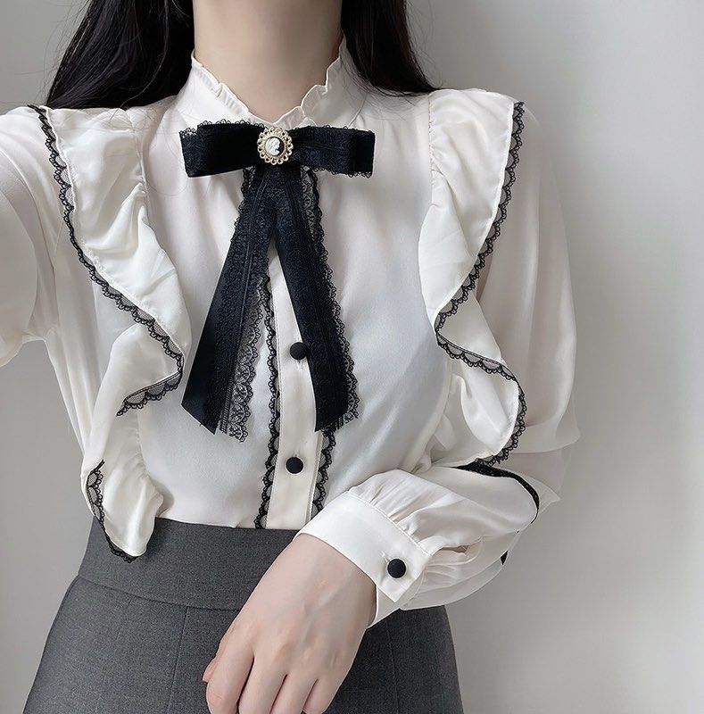 jirai kei ryousangata lolita japanese white blouse with lace frills ...