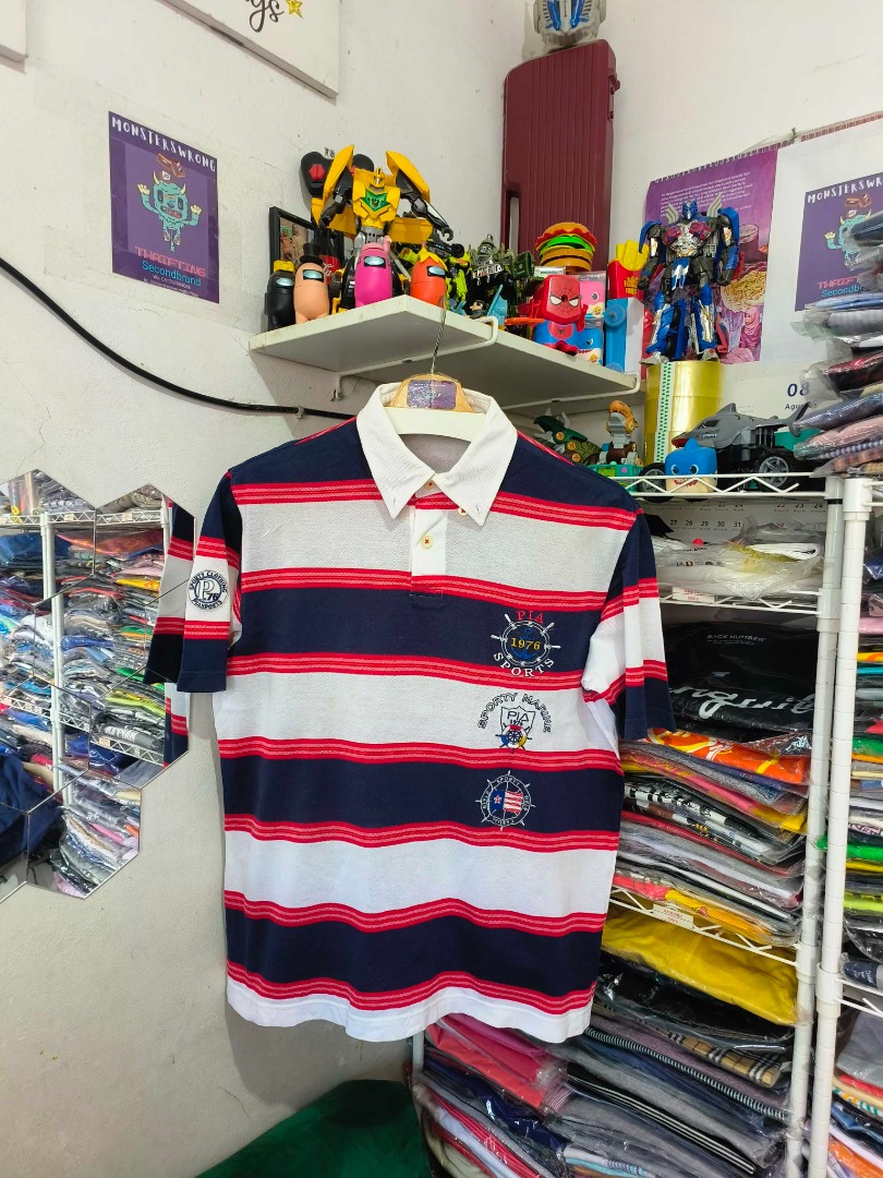Kaos Polo Pia Sports Garis Garis Putih Merah Biru Dongker, Fesyen Pria ...