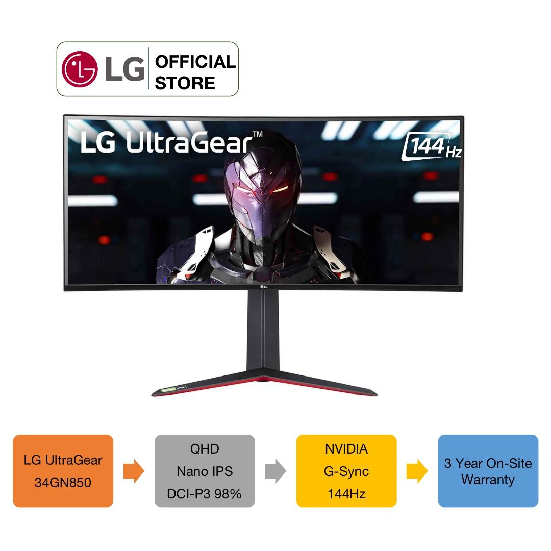 LG 34GN850-B 34 Inch 21: 9 UltraGear Curved QHD (3440 x 1440) 1ms Nano IPS Gaming Monitor with ...