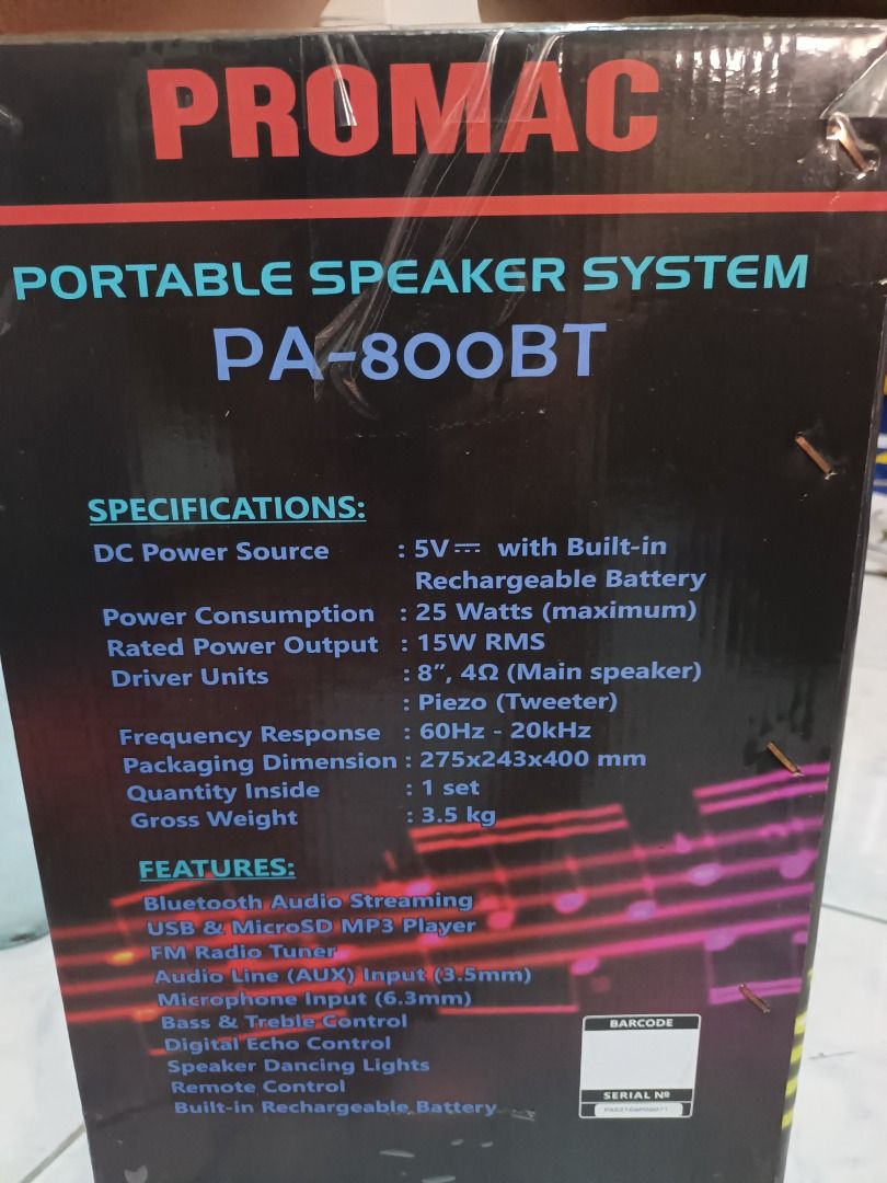 Portable Speaker System PROMAC PA-800BT, Audio, Soundbars, Speakers ...