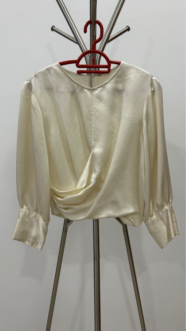 Satin Beige Long Sleeve Formal Blouse, Women's Fashion, Tops, Blouses ...