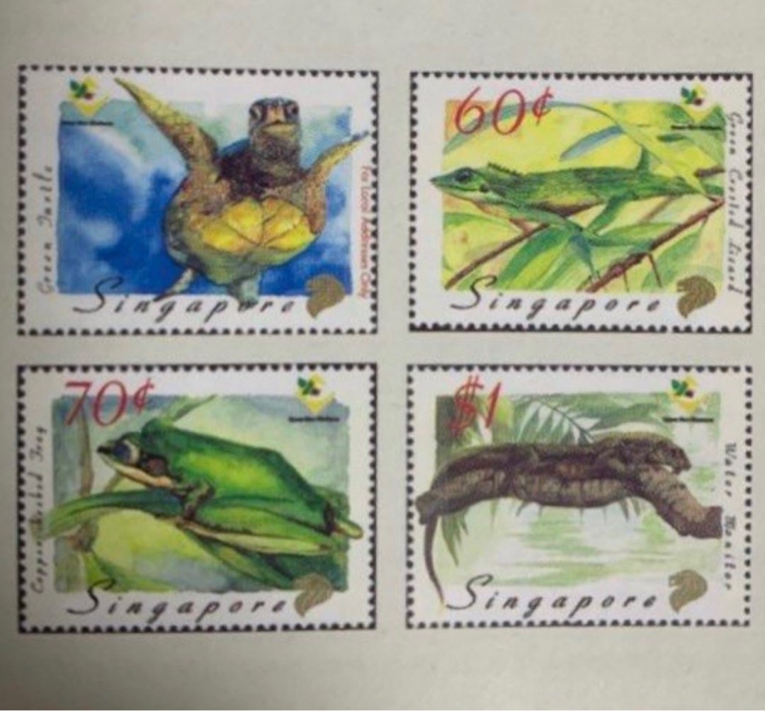 Singapore reptiles stamps set - turtle Iguana, frog, monitor lizard ...