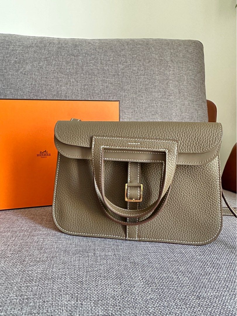 Authentic Hermes Halzan 25 Etoupe Clemence In GHW, Luxury, Bags & Wallets on Carousell
