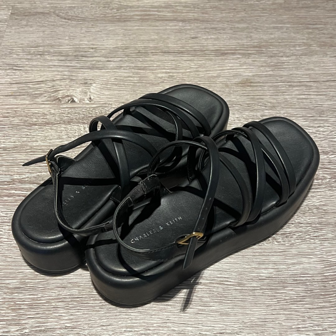 charles & keith strappy flatforms (black), Women's Fashion, Footwear ...