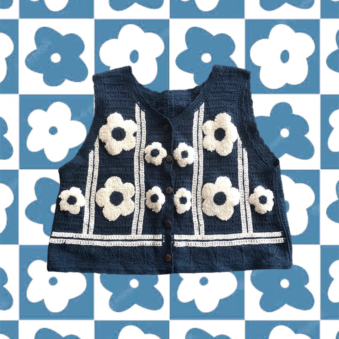 DARK BLUE CROCHET FLOWER KNIT TOP on Carousell