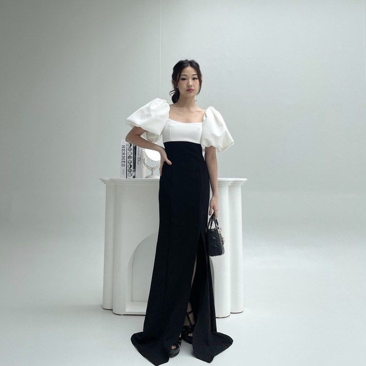 Malika by Modelano Capuccine Black & White Maxi Party Dress / Gown on Carousell