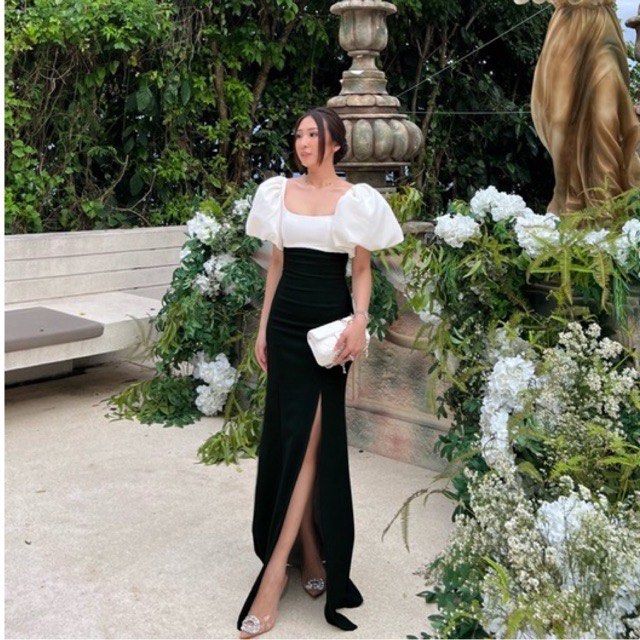 Malika by Modelano Capuccine Black & White Maxi Party Dress / Gown on Carousell