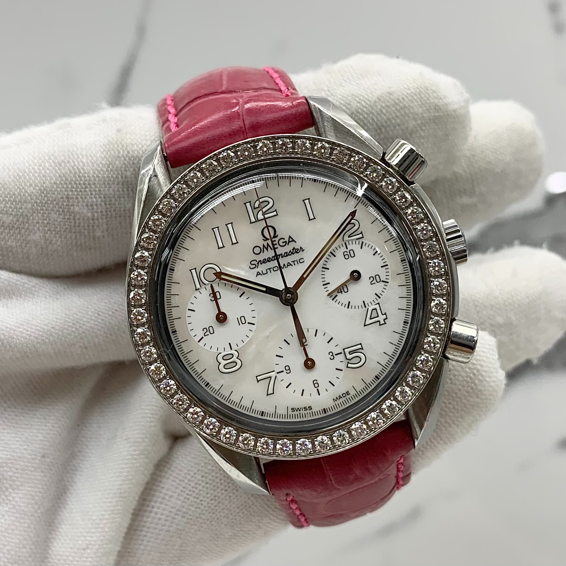 OMEGA 3815.70.36 SPEEDMASTER STEEL CHRONOGRAPH DIAMOND BEZEL MOP DIAL ...