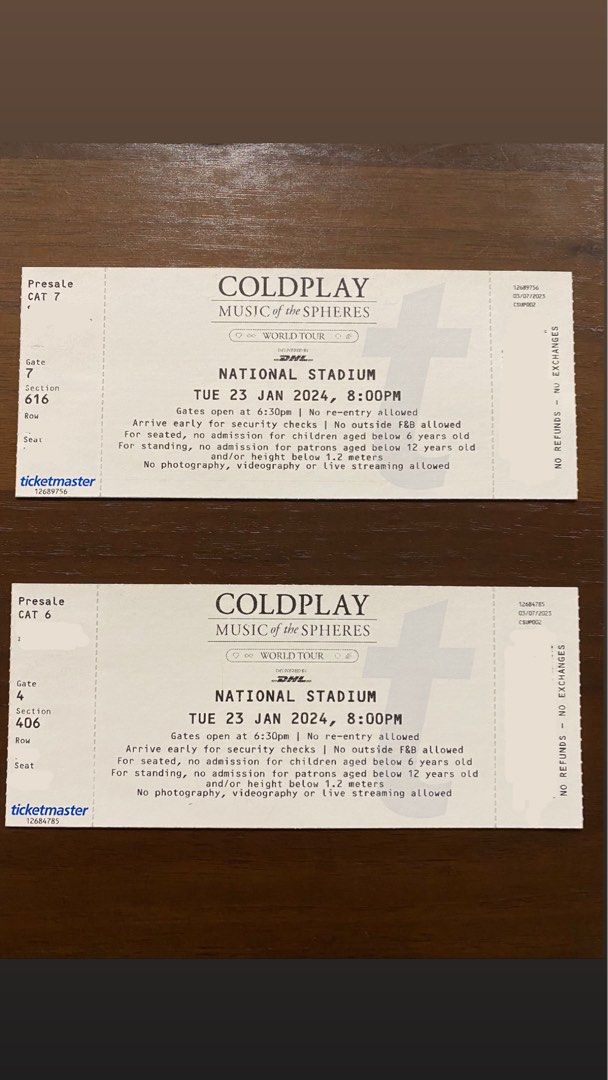 [WTS PHYSICAL TICKETS] COLDPLAY 23 Jan, Tickets & Vouchers, Event ...