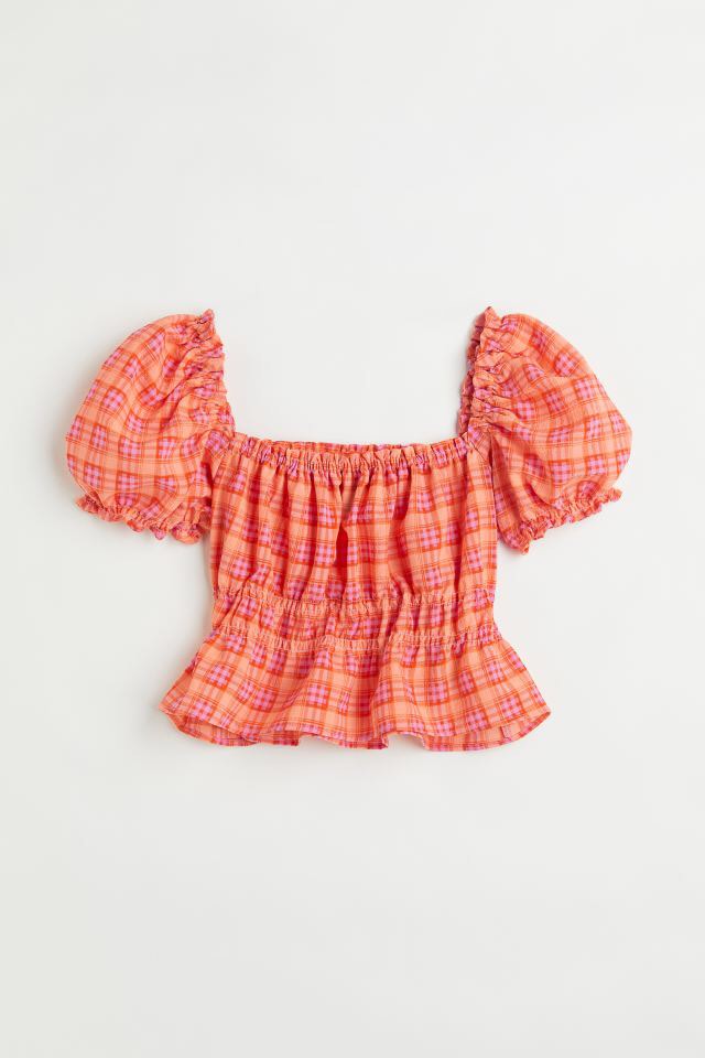 barbiecore pink orange checkered plaid puff-sleeve crop top, Women's Fashion, Tops, Blouses on ...