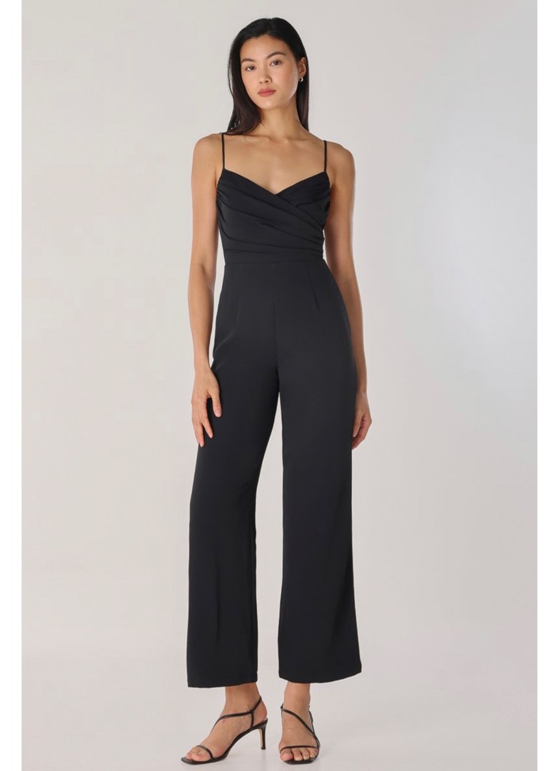XENIA RUCHED CROSS-BACK JUMPSUIT (BLACK), Women's Fashion, Dresses & Sets, Jumpsuits on Carousell