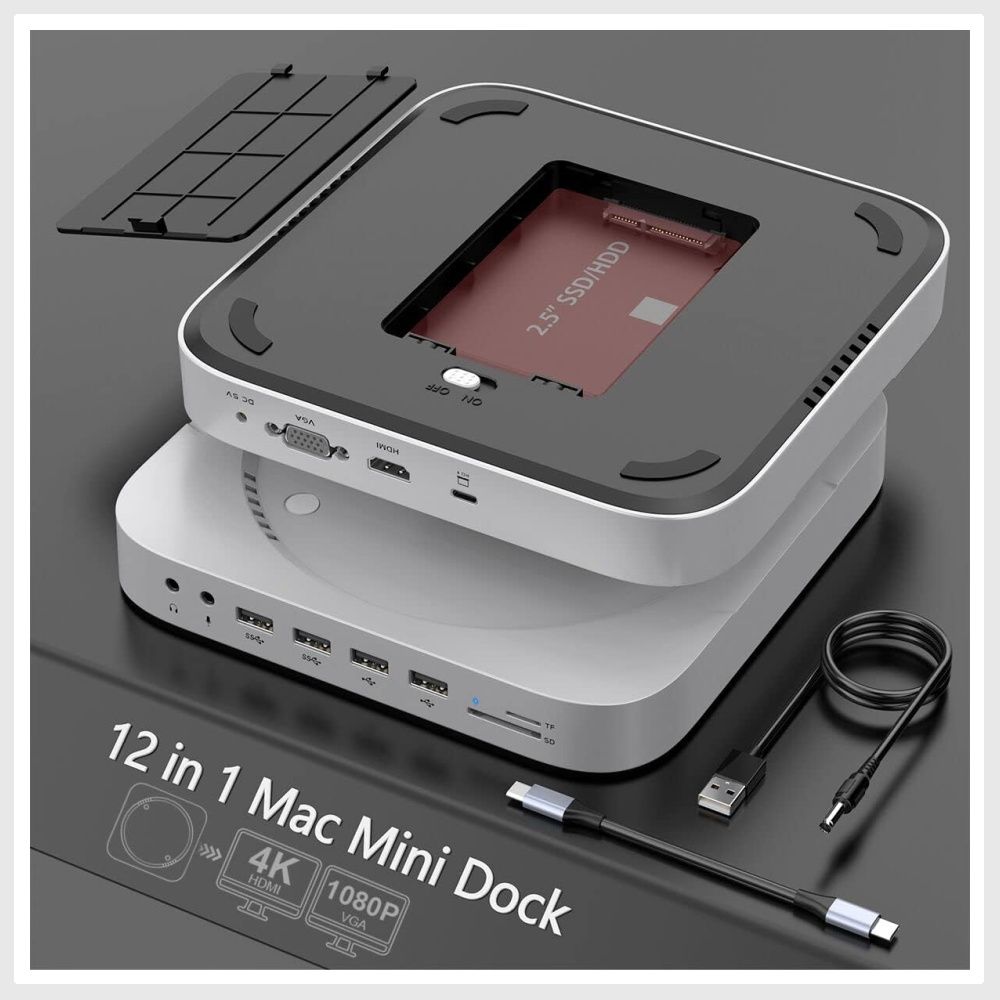 12 in 1 Mac Mini Dock with Hard Drive Enclosure (HDMI+VGA), Type-C ...