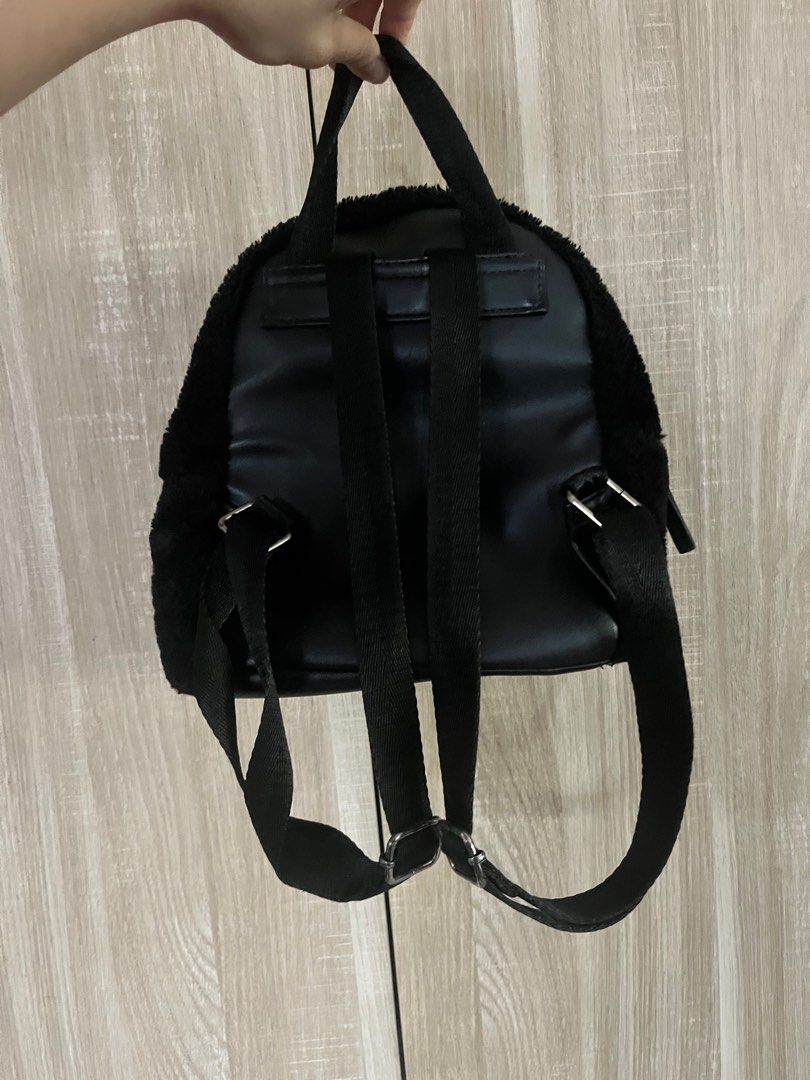 Black Furry Mini Backpack, Women's Fashion, Bags & Wallets, Backpacks ...