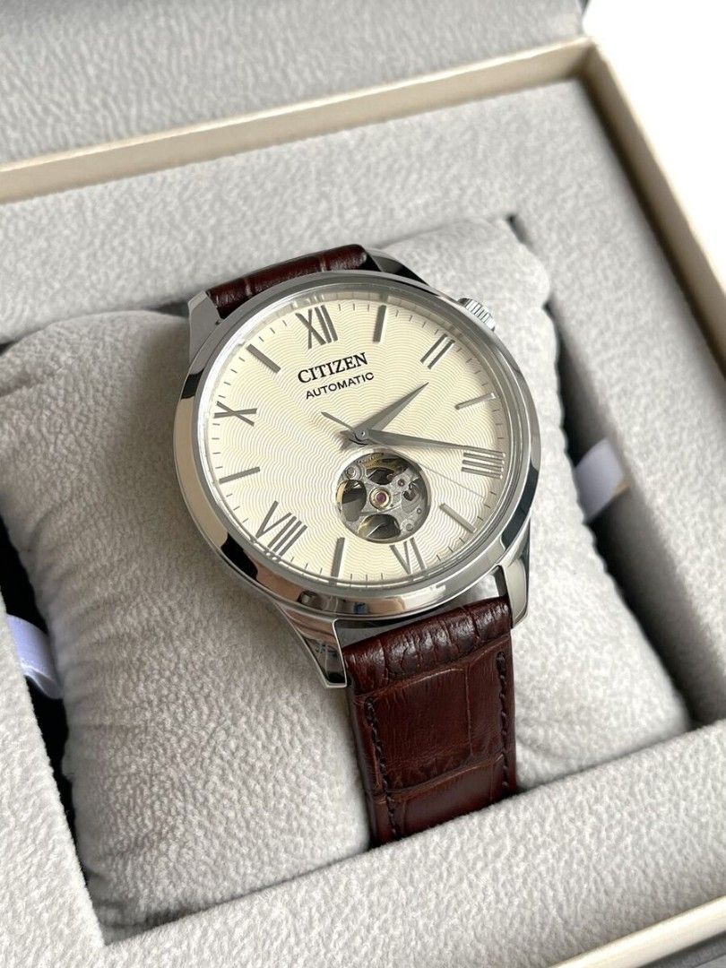 Citizen Automatic Watch NH9130-17A Open Heart Brown Leather Strap on ...