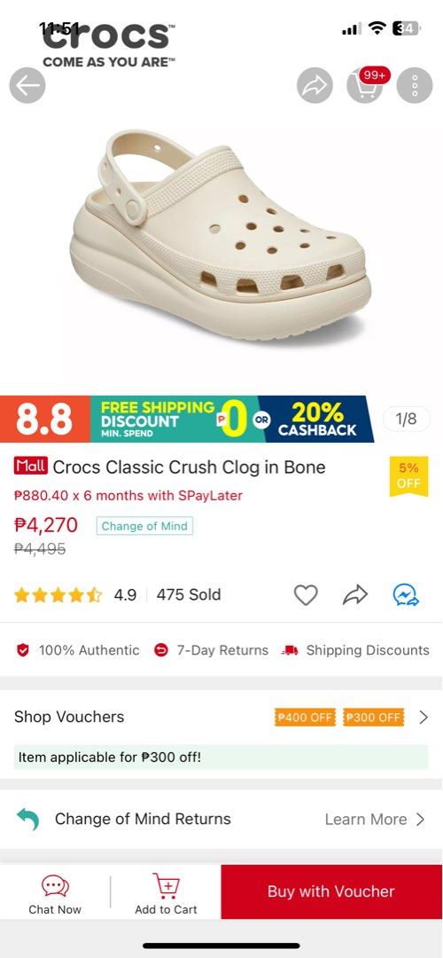 Crocs Classic Crush Clog in Bone Color, Women's Fashion, Footwear ...
