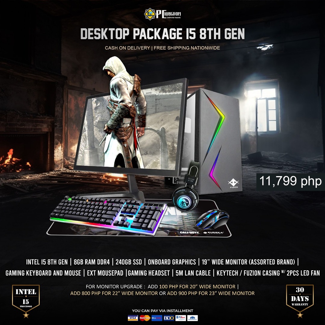 GAMING COMPUTER SET i5 8TH GEN 8GB DDR4 RAM 240GB SSD 19 wide MONITOR ...