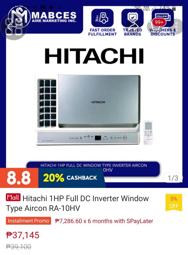 Hitachi full size window type aircon inverter 1hp RA-10HV, TV & Home ...