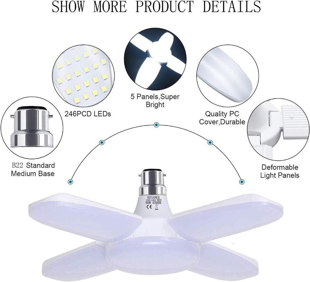 HZSANUE B22 Bayonet LED Garage Light 80W, Daylight White 6500K 8000Lm Deformable Workshop Lamp ...