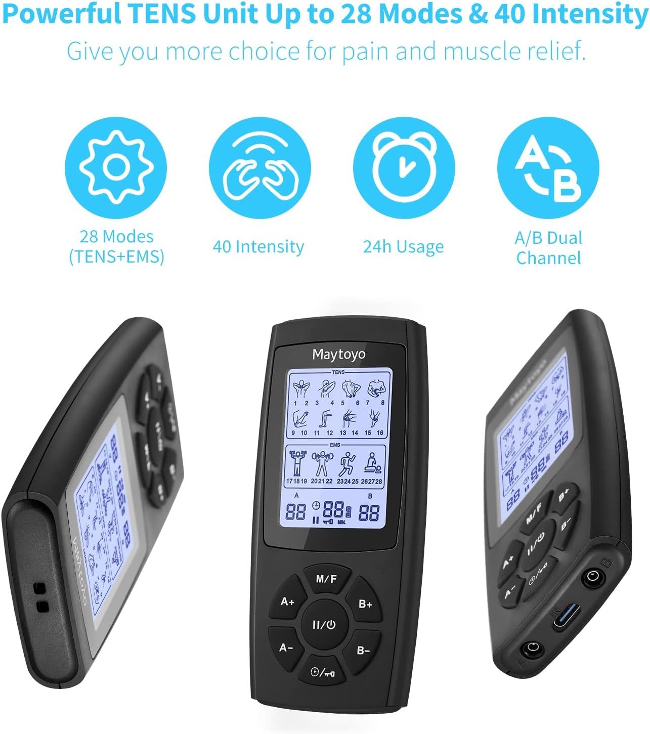 Maytoyo TENS EMS Unit 28 Mode 40 Intensity Muscle Stimulator, Dual ...