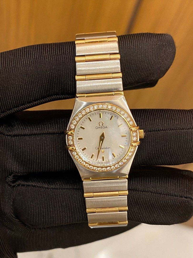 OMEGA LADY CONSTELLATION HALF 18K YELLOW GOLD DIAMOND BEZEL MOTHER OF ...