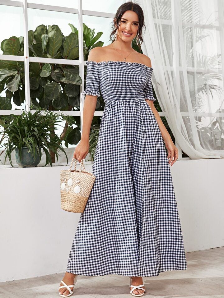 Shein Frill Trim Shirred Bodice Split Thigh Gingham Dress Navy Blue