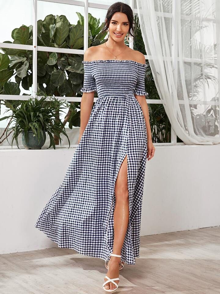 Shein Frill Trim Shirred Bodice Split Thigh Gingham Dress Navy Blue