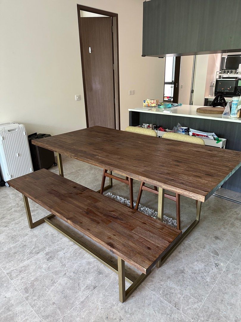 Solid Wood Rustic Modern Table with Chairs and Bench, Furniture & Home ...