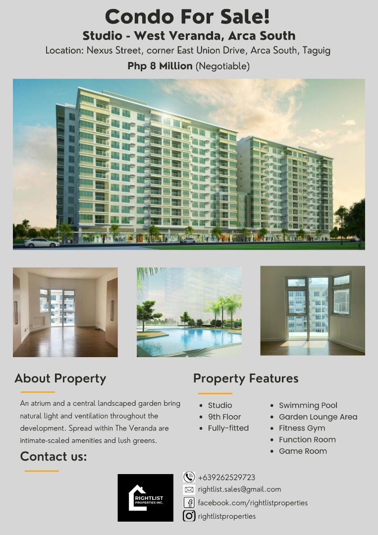 Alveo West Veranda Studio For Sale at Arca South by Ayala Land Corp on ...