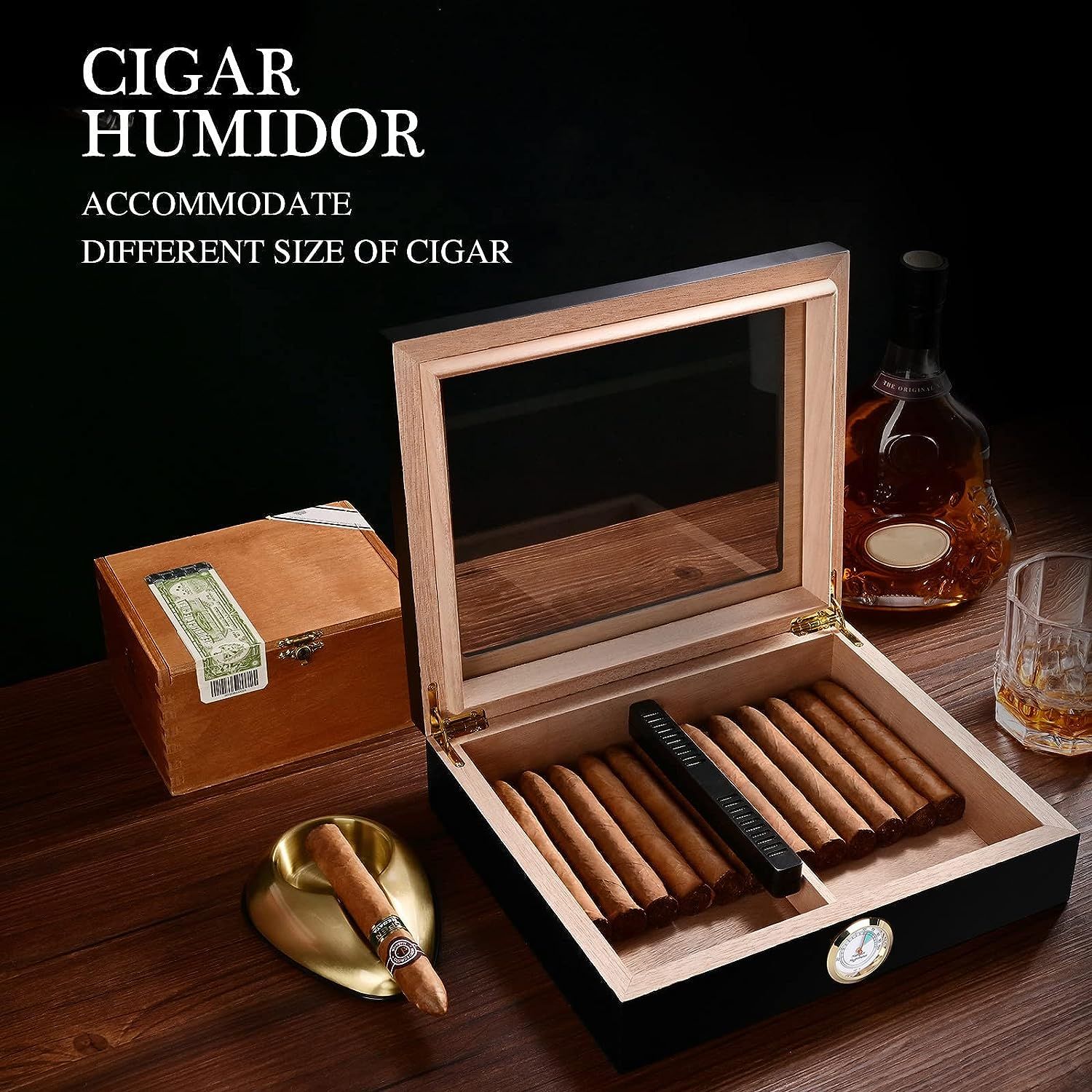 CIGARMALL Cigar Humidor Desktop Box with Hygrometer and Humidifier ...