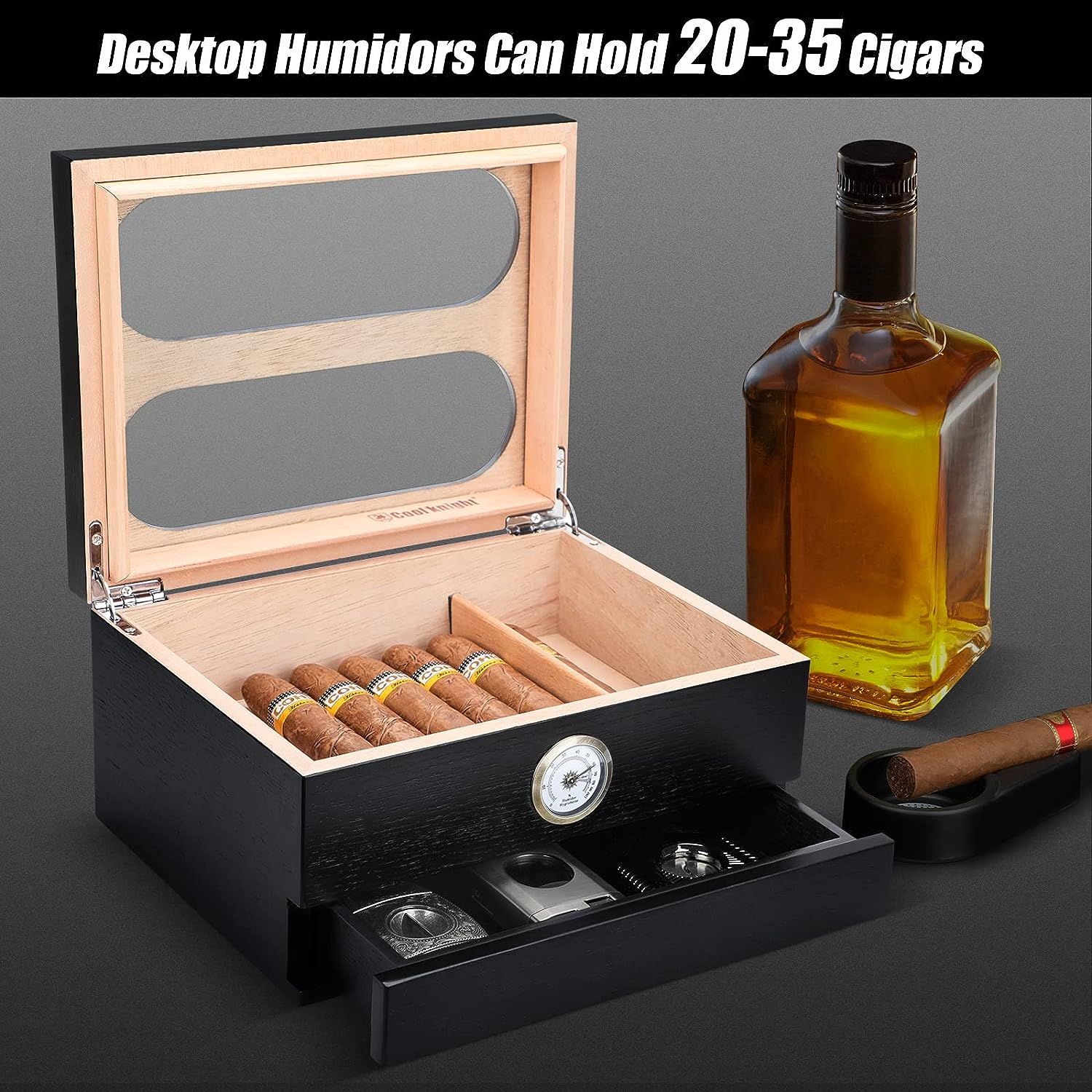 COOL KNIGHT Cigar Humidor with Front Hygrometer, Humidifier and ...