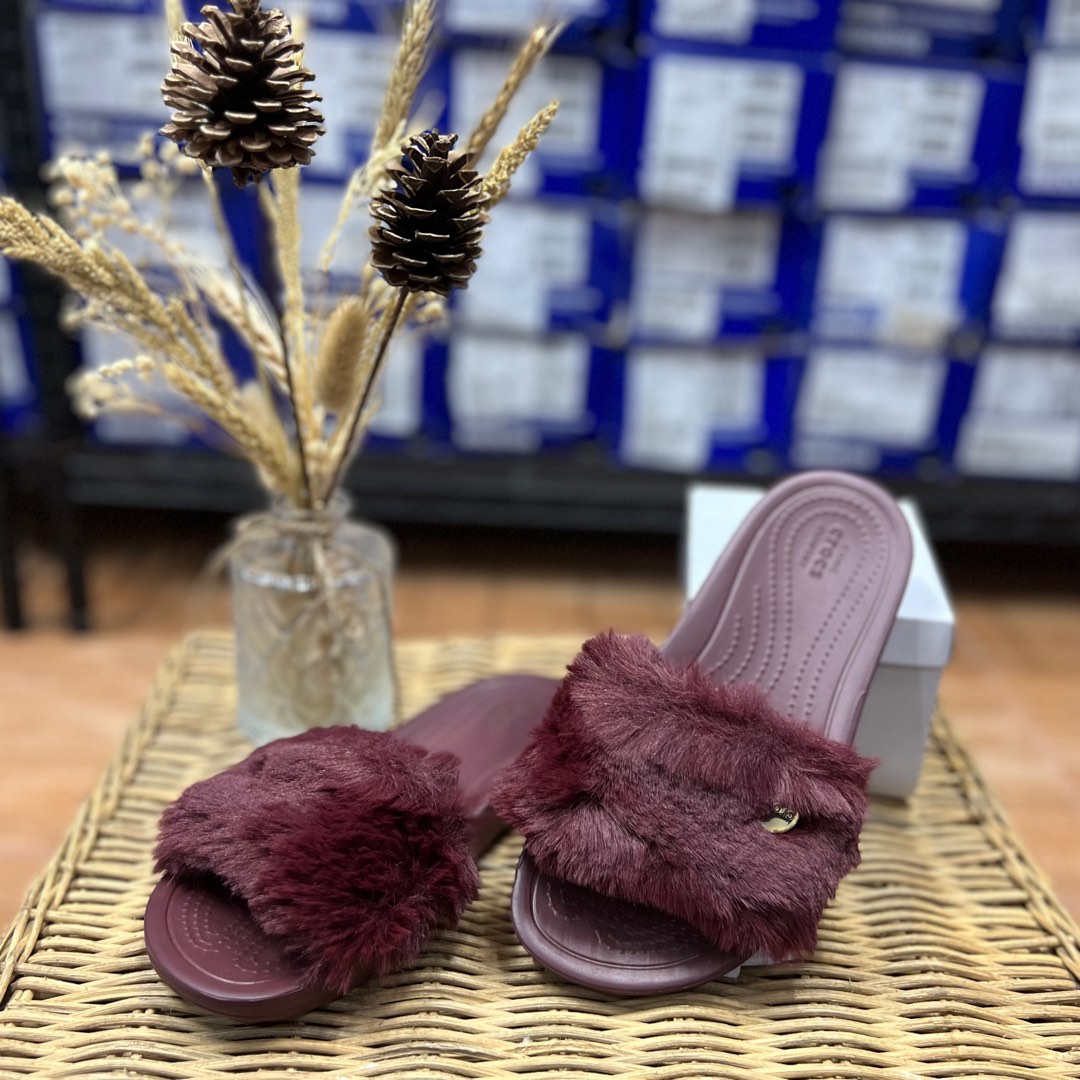 Crocs Luxe Sloane Fur Slides Burgundy on Carousell