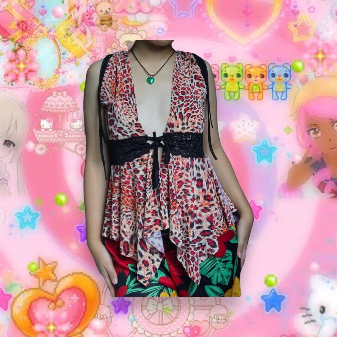 GYARU ANIMAL PRINT BUTTERFLY FLOWY TOP on Carousell