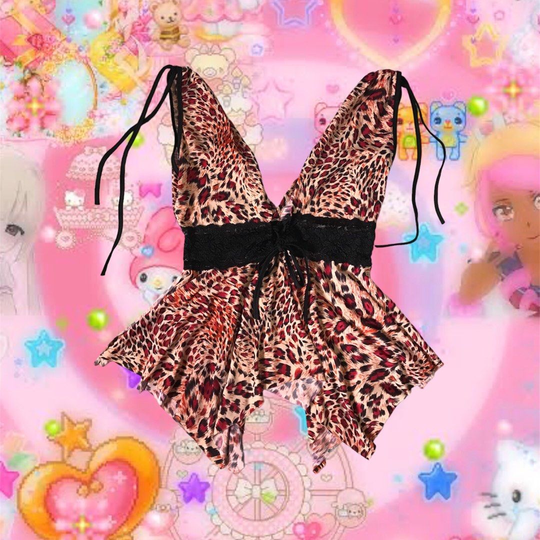 GYARU ANIMAL PRINT BUTTERFLY FLOWY TOP on Carousell