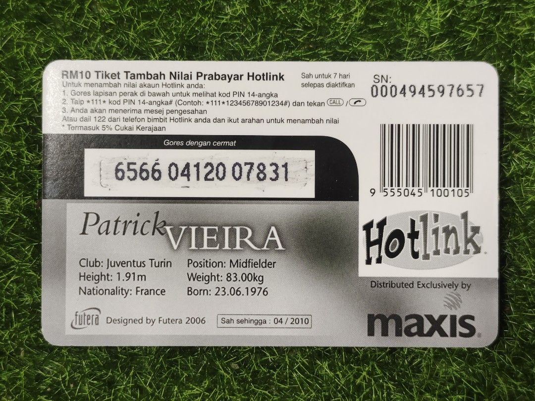 Hotlink RM10 Used Reload Card / Patrick VIEIRA, Hobbies & Toys ...