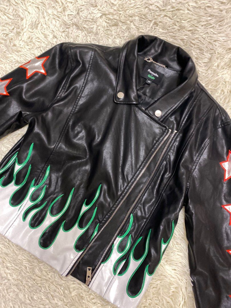 leather jacket green flame pomelo x Grab, Women's Fashion, Coats ...