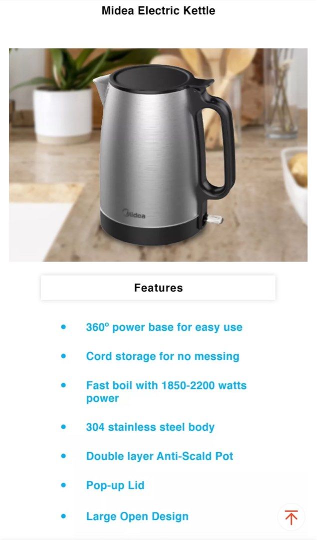 Midea MK-1703M Grey stainless steel electric kettle, TV & Home ...