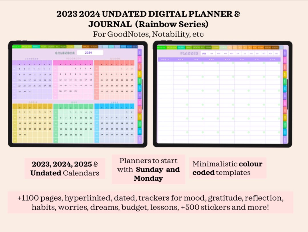 Rainbow Digital Planner 2023, 2024, 2025, undated for Productivity ...