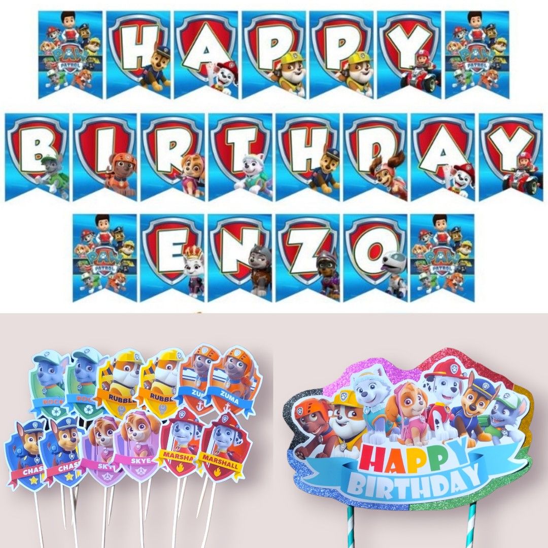 Paw Patrol Theme Birthday Party Banner Cupcake Cake Topper Decoration ...