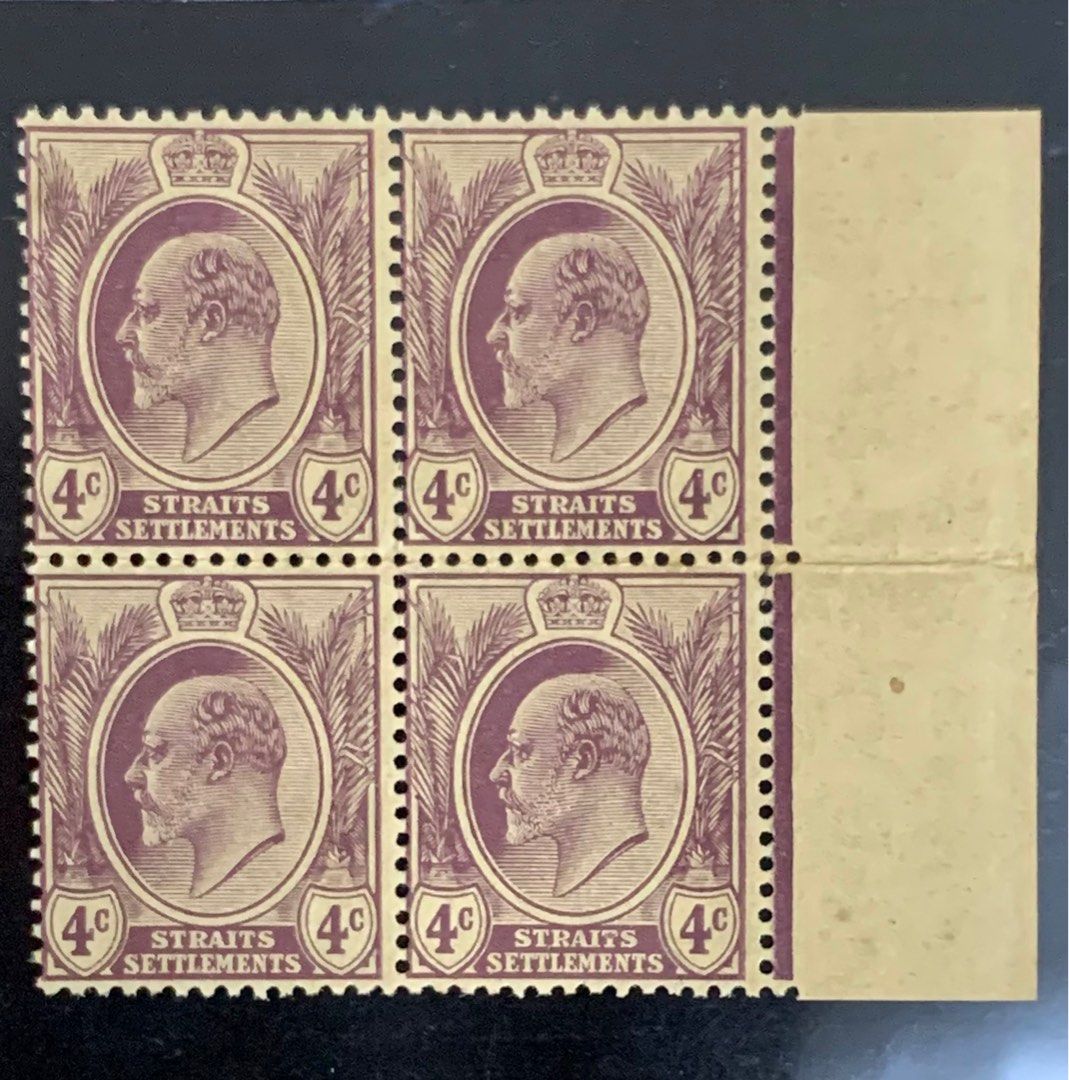 Straits Settlements King Edward 4c full purple stamp block of 4 MINT ...